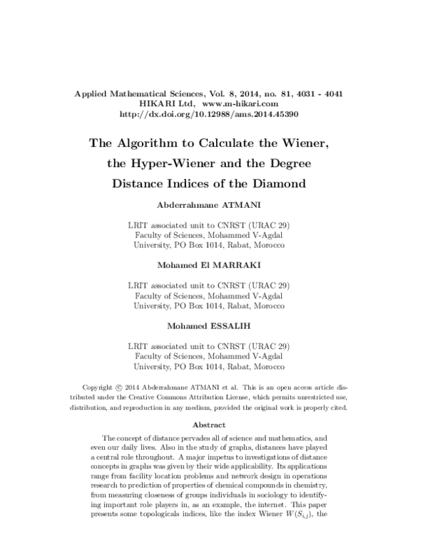 (PDF) The algorithm to calculate the Wiener, the hyper-Wiener and the ...