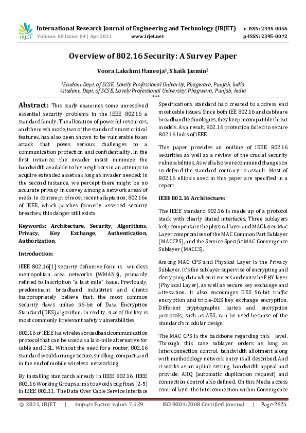 (PDF) IRJET- Overview of 802.16 Security: A Survey Paper