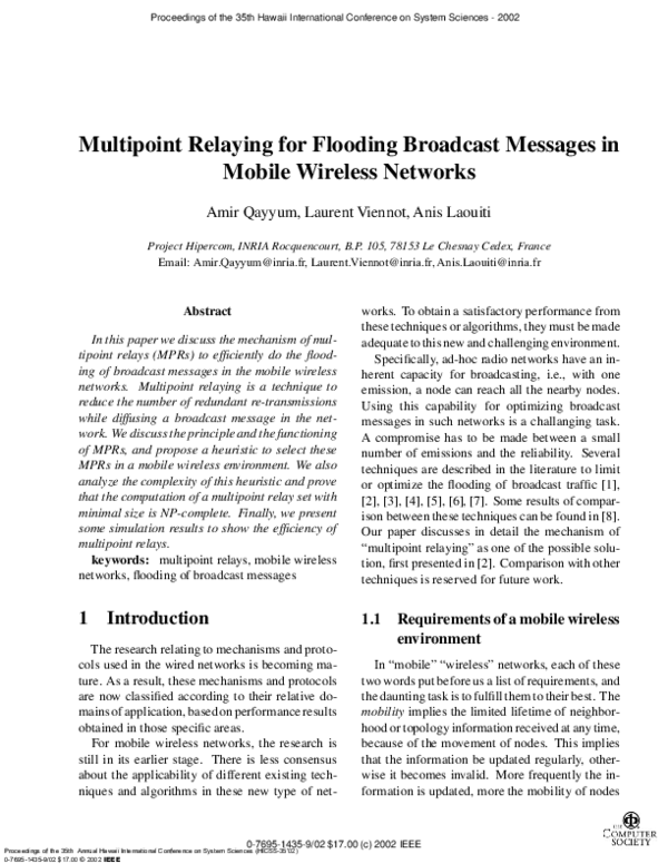 Pdf Multipoint Relaying For Flooding Broadcast Messages In Mobile Wireless Networks