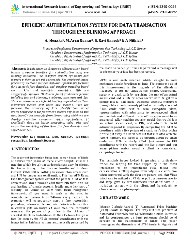 Pdf Irjet Efficient Authentication System For Data Transaction Through Eye Blinking Approach