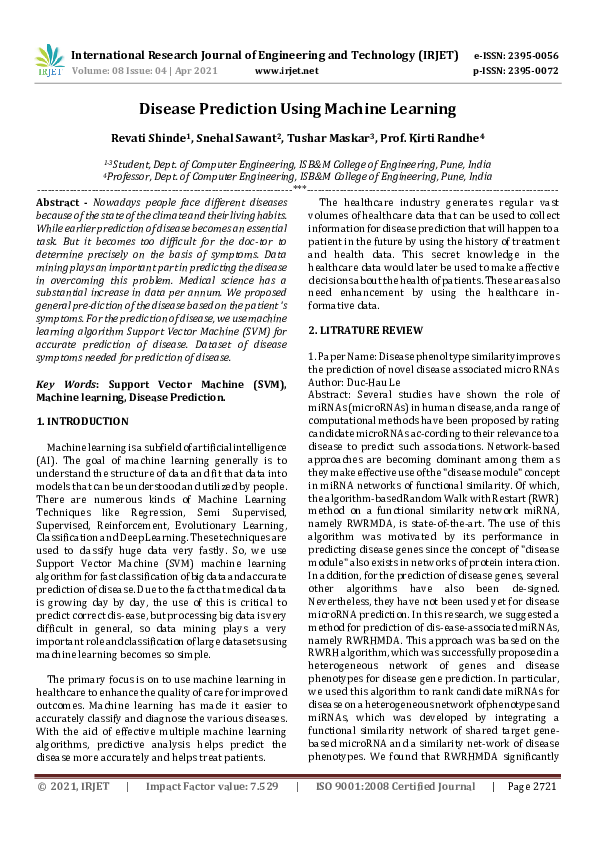 (PDF) IRJET- Disease Prediction Using Machine Learning