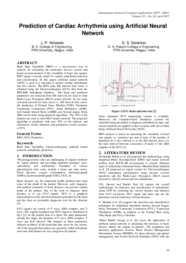 (PDF) Prediction of Cardiac Arrhythmia using Artificial Neural Network