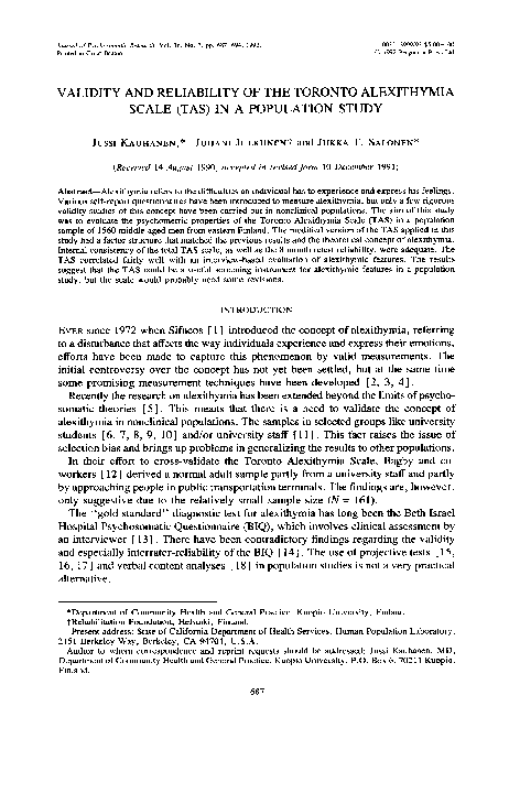 (PDF) Validity and reliability of the Toronto Alexithymia scale (TAS ...