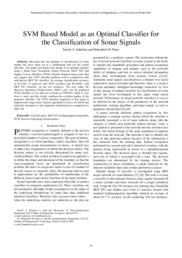 (PDF) SVM based model as an optimal classifier for the classification of sonar signals
