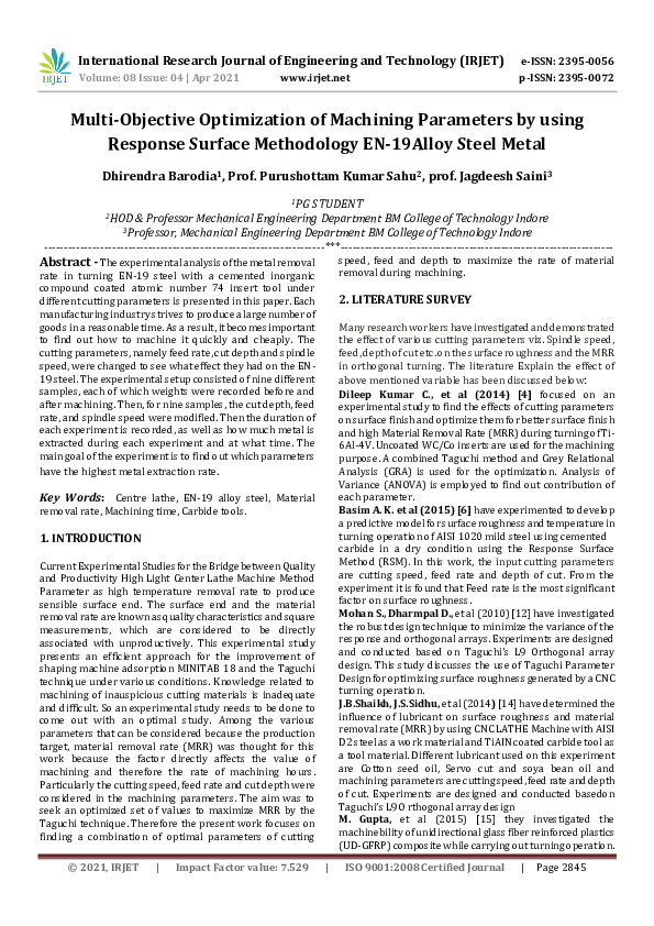 Pdf Multi Objective Optimization Of Machining Parameters By Using