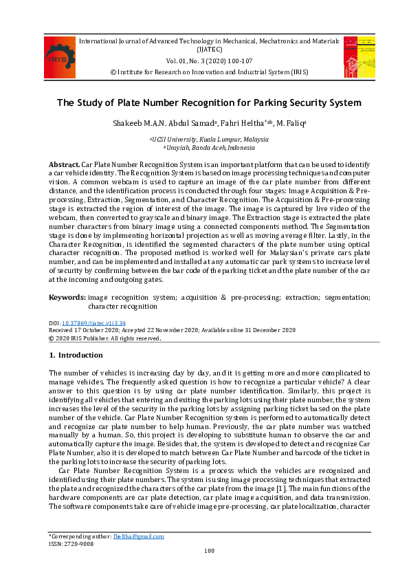 (PDF) The Study of Plate Number Recognition for Parking Security System