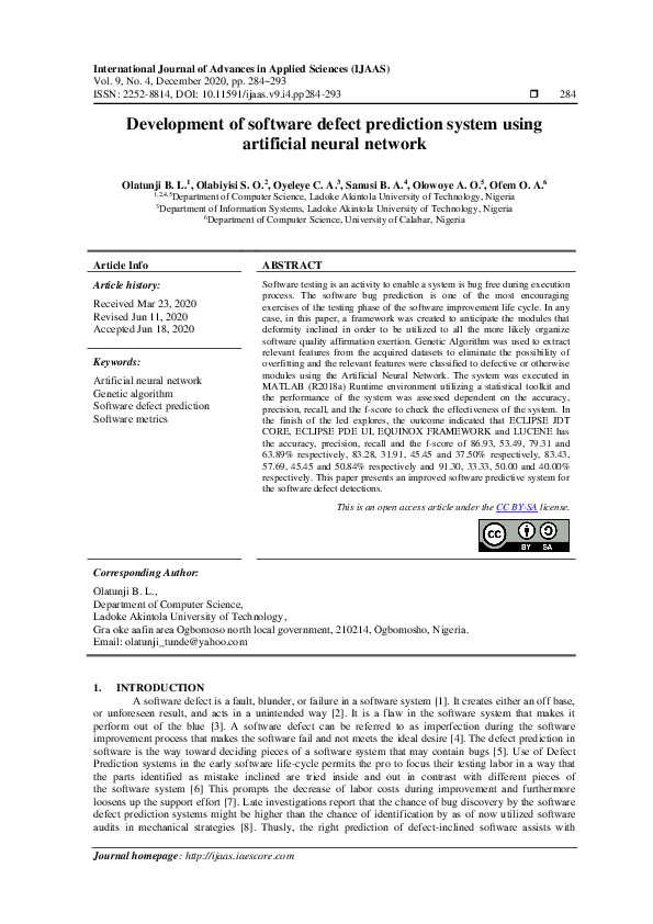 (PDF) Development of software defect prediction system using artificial ...