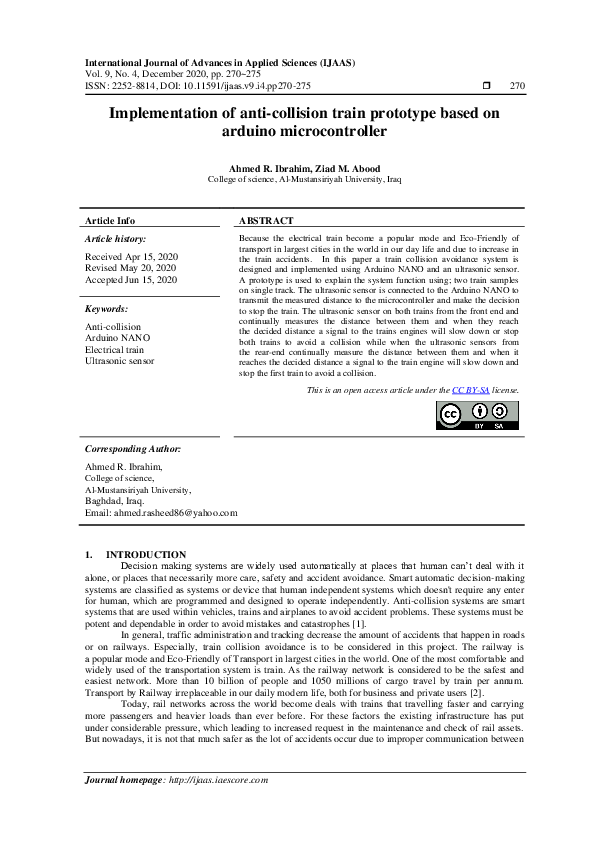 (PDF) Implementation of anti-collision train prototype based on arduino microcontroller