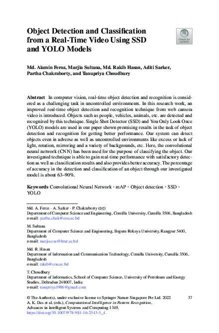 (PDF) Object Detection and Classification from a Real-Time Video Using SSD and YOLO Models
