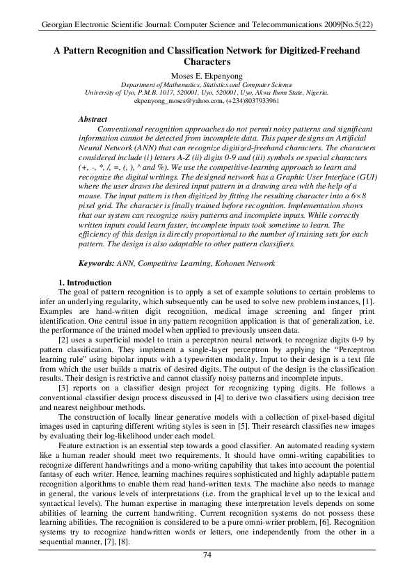 (PDF) A Pattern Recognition and Classification Network for Digitized-Freehand Characters
