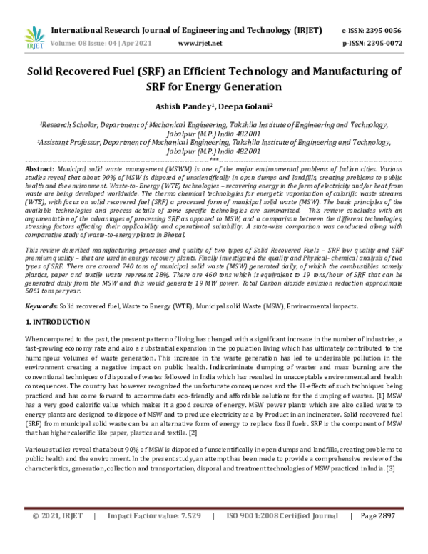 (PDF) IRJET- Solid Recovered Fuel (SRF) an Efficient Technology and Manufacturing of SRF for ...