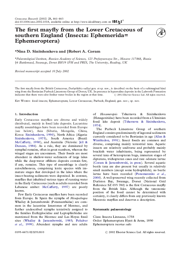 (PDF) The first mayfly from the Lower Cretaceous of southern England ...