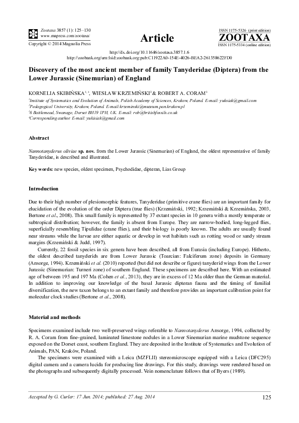 (PDF) Discovery of the most ancient member of family Tanyderidae ...