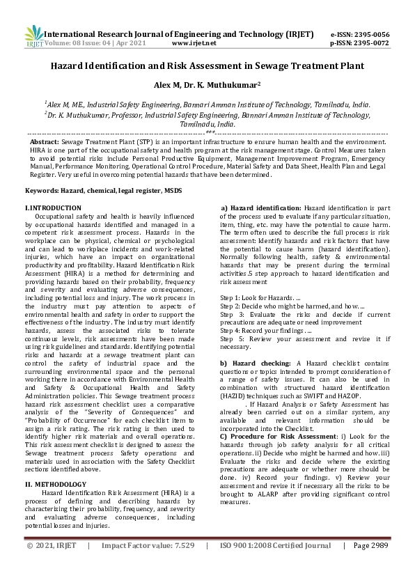 (PDF) IRJET- Hazard Identification and Risk Assessment in Sewage ...