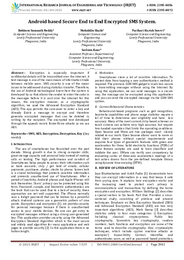 (PDF) IRJET- Android based Secure End to End Encrypted SMS System