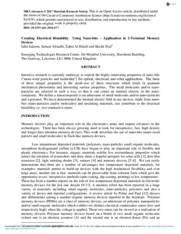 (PDF) Creating Electrical Bistability Using Nano-bits – Application in ...