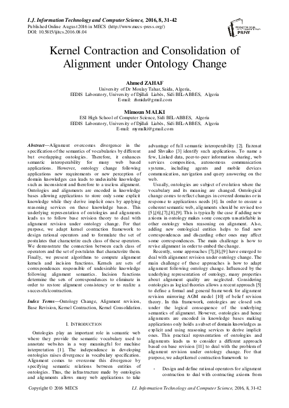 (PDF) Kernel Contraction and Consolidation of Alignment under Ontology Change
