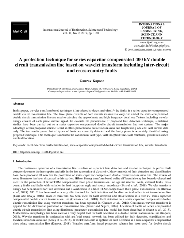 Pdf A Protection Technique For Series Capacitor Compensated 400 Kv Double Circuit Transmission