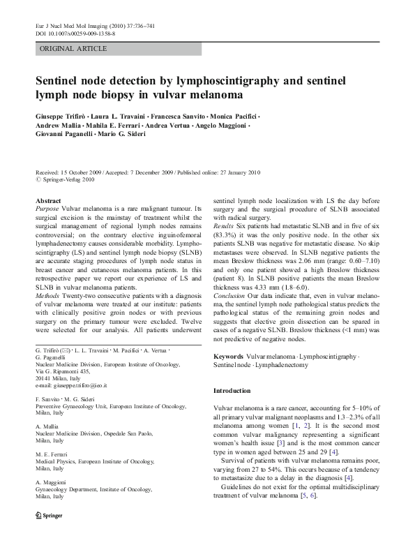 Pdf Sentinel Node Detection By Lymphoscintigraphy And Sentinel Lymph Node Biopsy In Vulvar