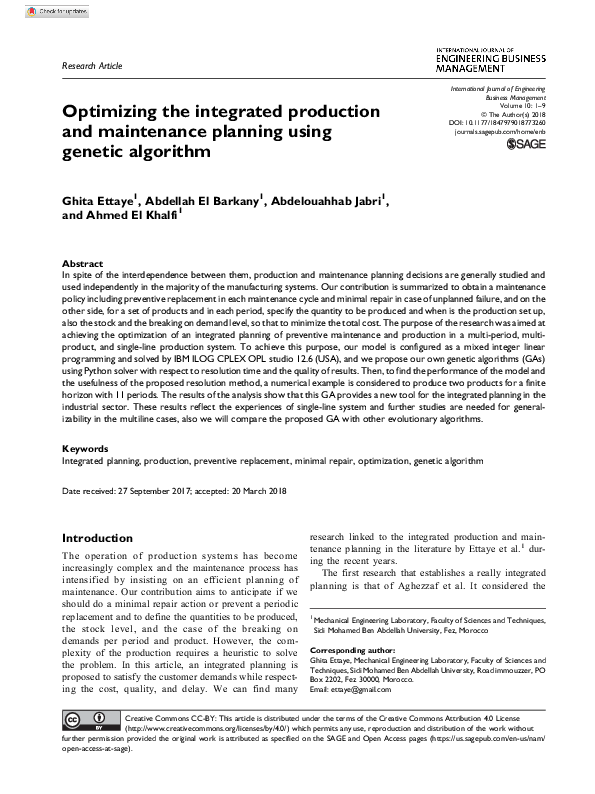 (PDF) Optimizing the integrated production and maintenance planning using genetic algorithm