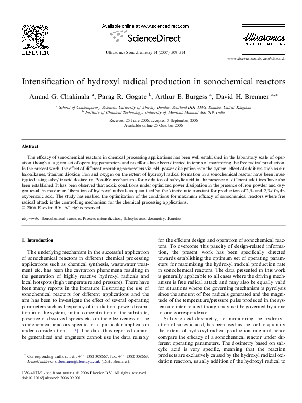 (PDF) Intensification of hydroxyl radical production in sonochemical ...