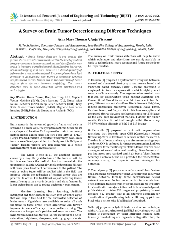 (PDF) IRJET- A Survey on Brain Tumor Detection using Different Techniques