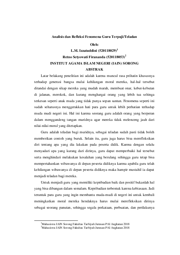 (PDF) Analisis dan Refleksi Fenomena Guru Terpuji/Teladan