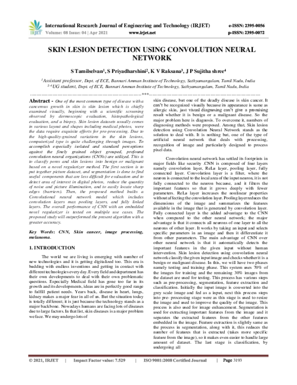 (PDF) IRJET- SKIN LESION DETECTION USING CONVOLUTION NEURAL NETWORK