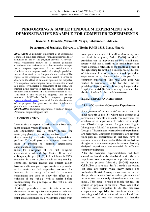 (PDF) Performing a Simple Pendulum Experiment as a Demonstrative Example for Computer Experiments