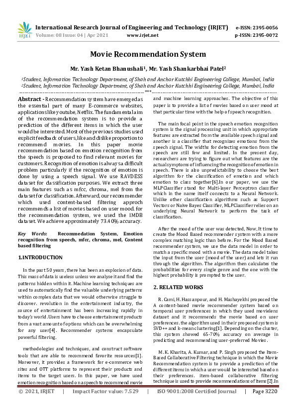 (PDF) IRJET- Movie Recommendation System