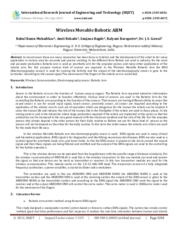 (PDF) IRJET- Wireless Movable Robotic ARM