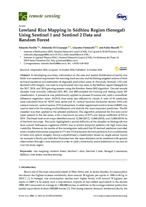 (PDF) Lowland Rice Mapping in Sédhiou Region (Senegal) Using Sentinel 1 and Sentinel 2 Data and ...