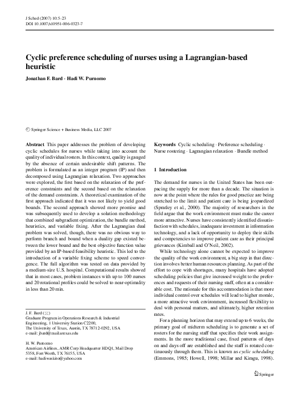 (PDF) Cyclic preference scheduling of nurses using a Lagrangian-based ...