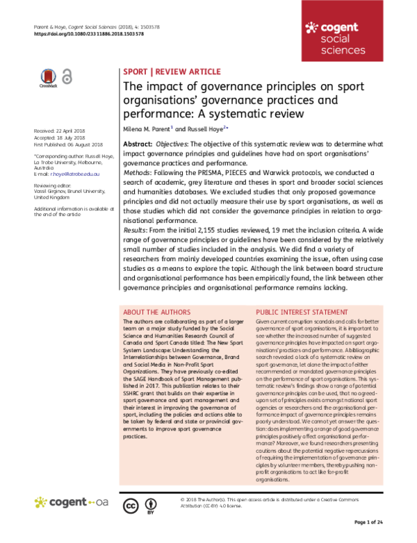 (PDF) The impact of governance principles on sport organisations’ governance practices and ...