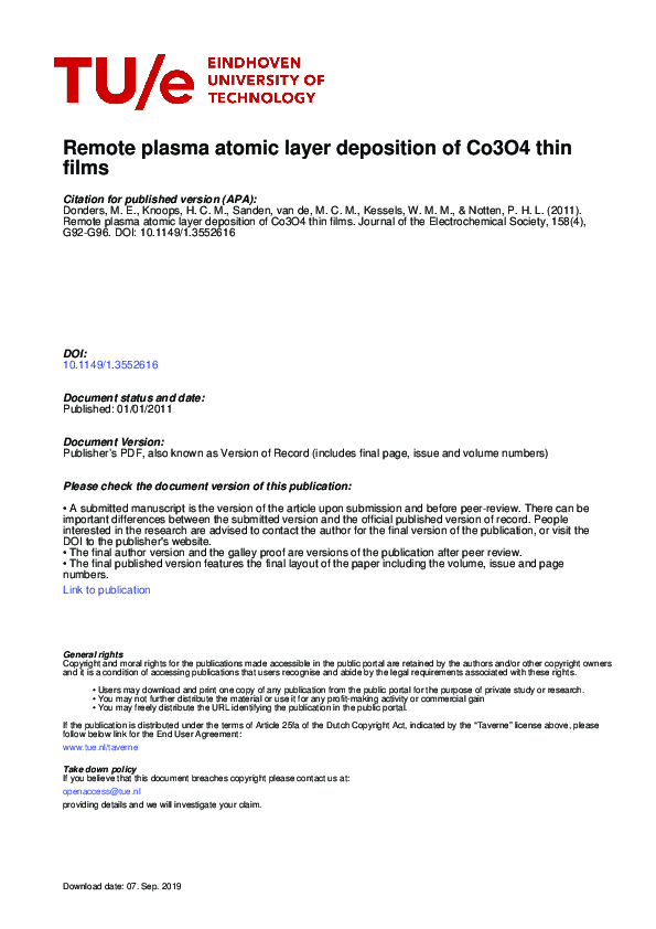 (PDF) Remote Plasma Atomic Layer Deposition of Co3O4 Thin Films