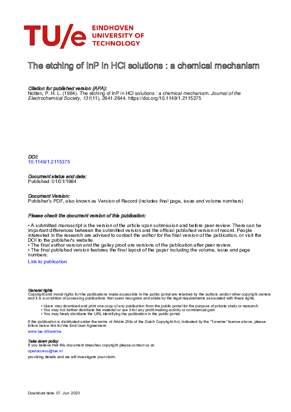 (PDF) The Etching of InP in HCl Solutions: A Chemical Mechanism