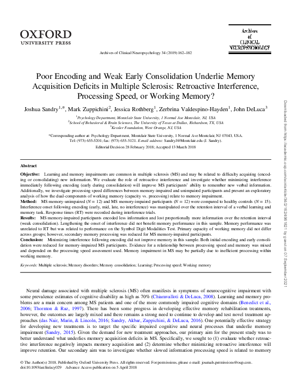 (PDF) Poor Encoding and Weak Early Consolidation Underlie Memory Acquisition Deficits in ...