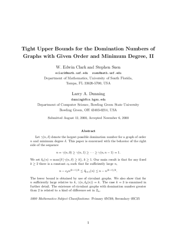 (PDF) Tight upper bounds for the domination numbers of graphs with given order and minimum degree