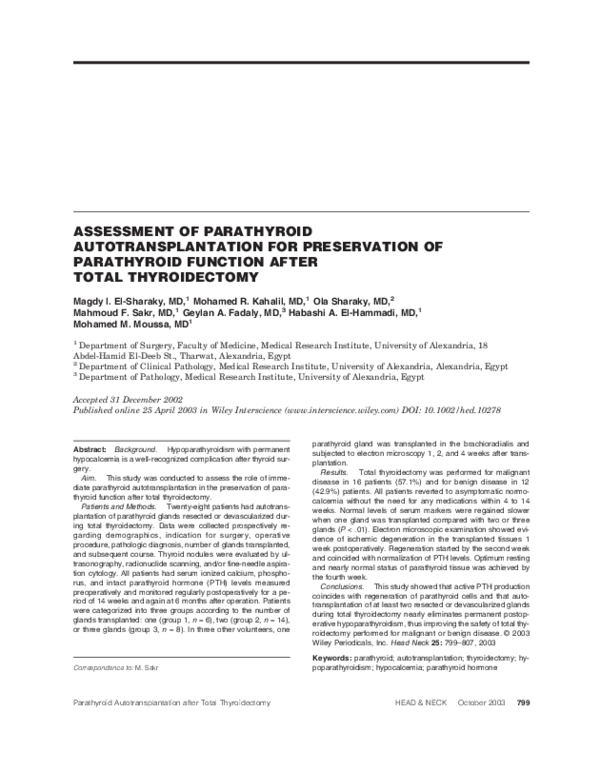 (PDF) Assessment of parathyroid autotransplantation for preservation of ...