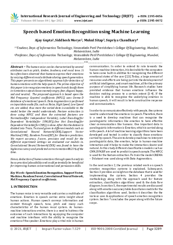 (PDF) Speech based Emotion Recognition using Machine Learning