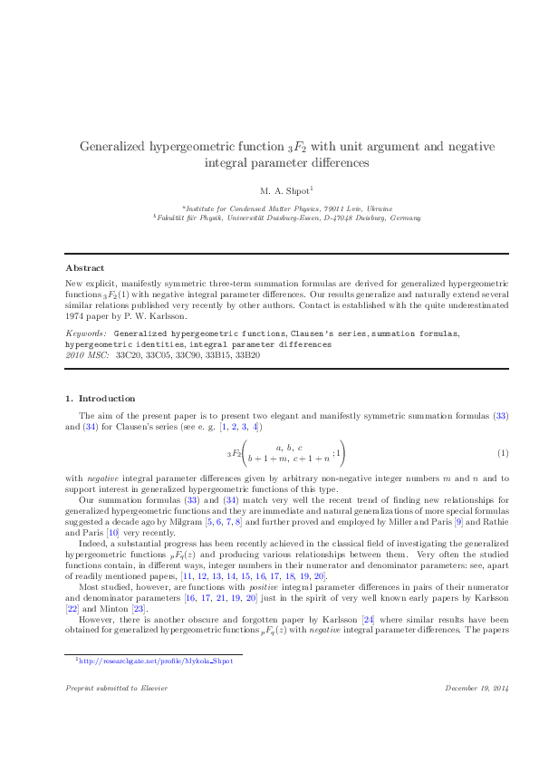 (PDF) Generalized hypergeometric function $_3F_2$ with unit argument ...