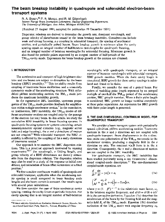(PDF) The beam breakup instability in quadrupole and solenoidal electron-beam transport systems