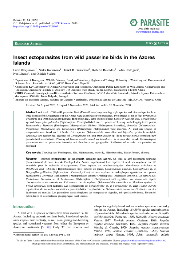 (PDF) Insect ectoparasites from wild passerine birds in the Azores ...