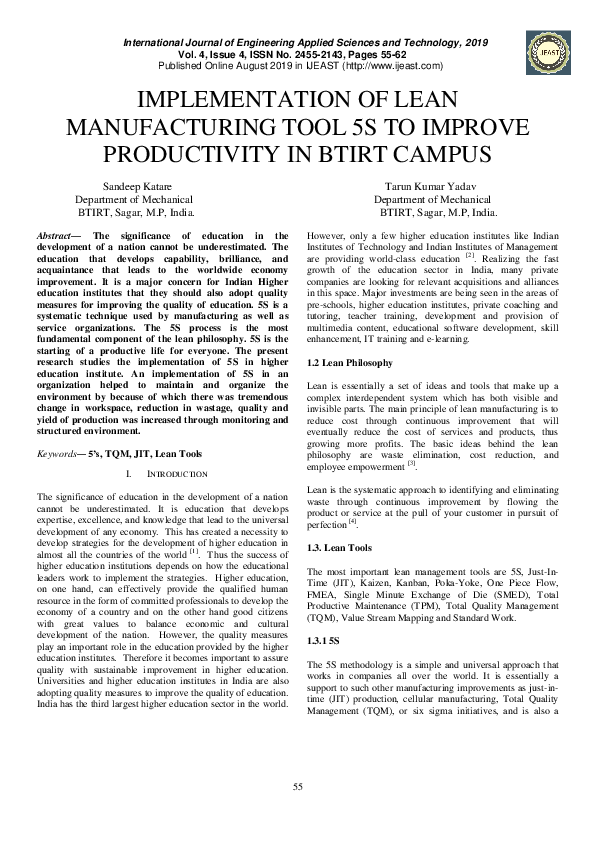 (PDF) Implementation of Lean Manufacturing Tool 5S to Improve ...