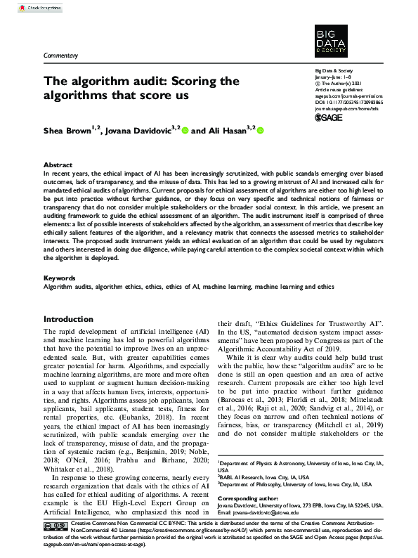 (PDF) The algorithm audit: Scoring the algorithms that score us