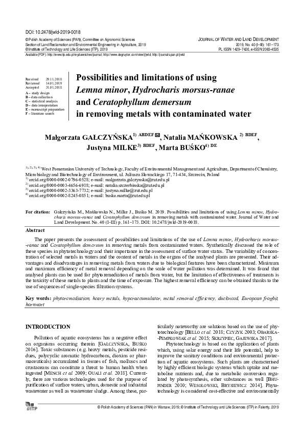 (PDF) Possibilities and limitations of using Lemna minor, Hydrocharis morsus-ranae and ...