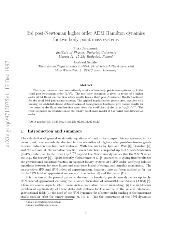 (PDF) Third post-Newtonian higher order ADM Hamilton dynamics for two-body point-mass systems