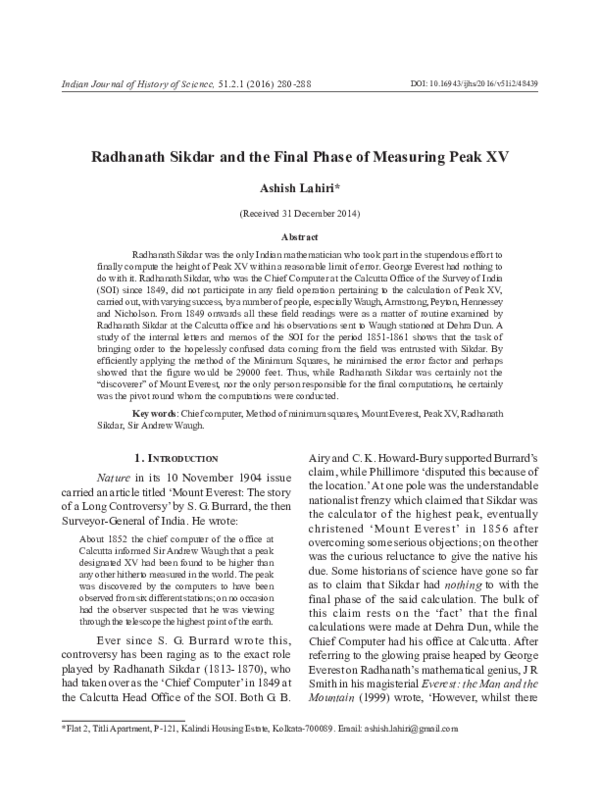 (PDF) Radhanath Sikdar and the Final Phase of Measuring Peak XV