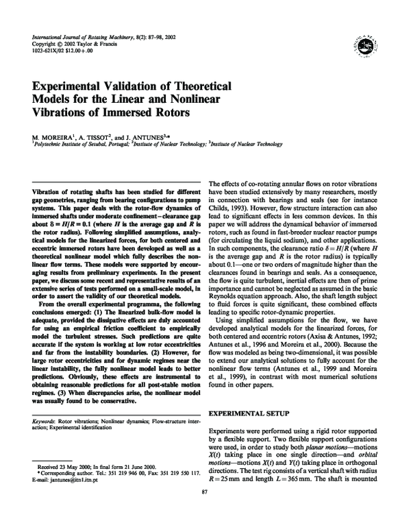 (PDF) Experimental Validation of Theoretical Models for the Nonlinear Vibrations of Immersed Rotors