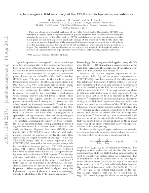 (PDF) In-plane magnetic field anisotropy of the FFLO state in layered ...